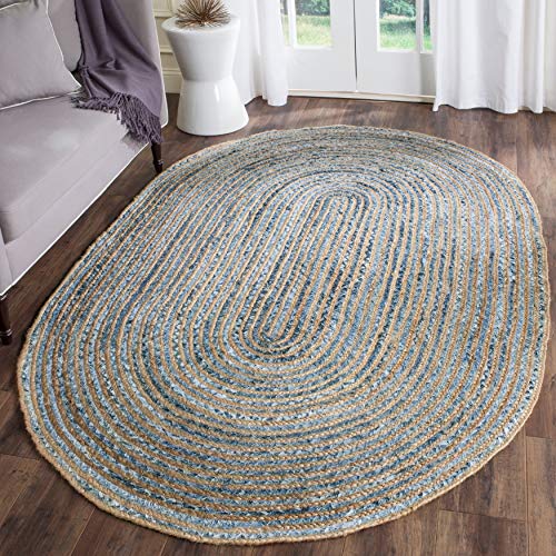 SAFAVIEH Cape Cod Collection Area Rug - 4' x 6' Oval, Natural & Blue, Handmade Flat Weave Jute, Ideal for High Traffic Areas in Living Room, Bedroom (CAP250A)