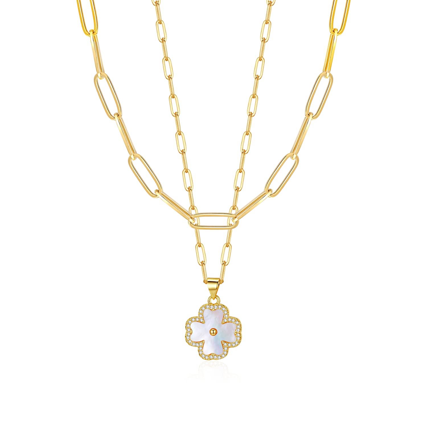 ITS4YEO Four Leaf Clover Pendant Necklace Double Layer Chain 14K Gold Plated Birthday Valentine's day Jewelry Gift for Women Wife