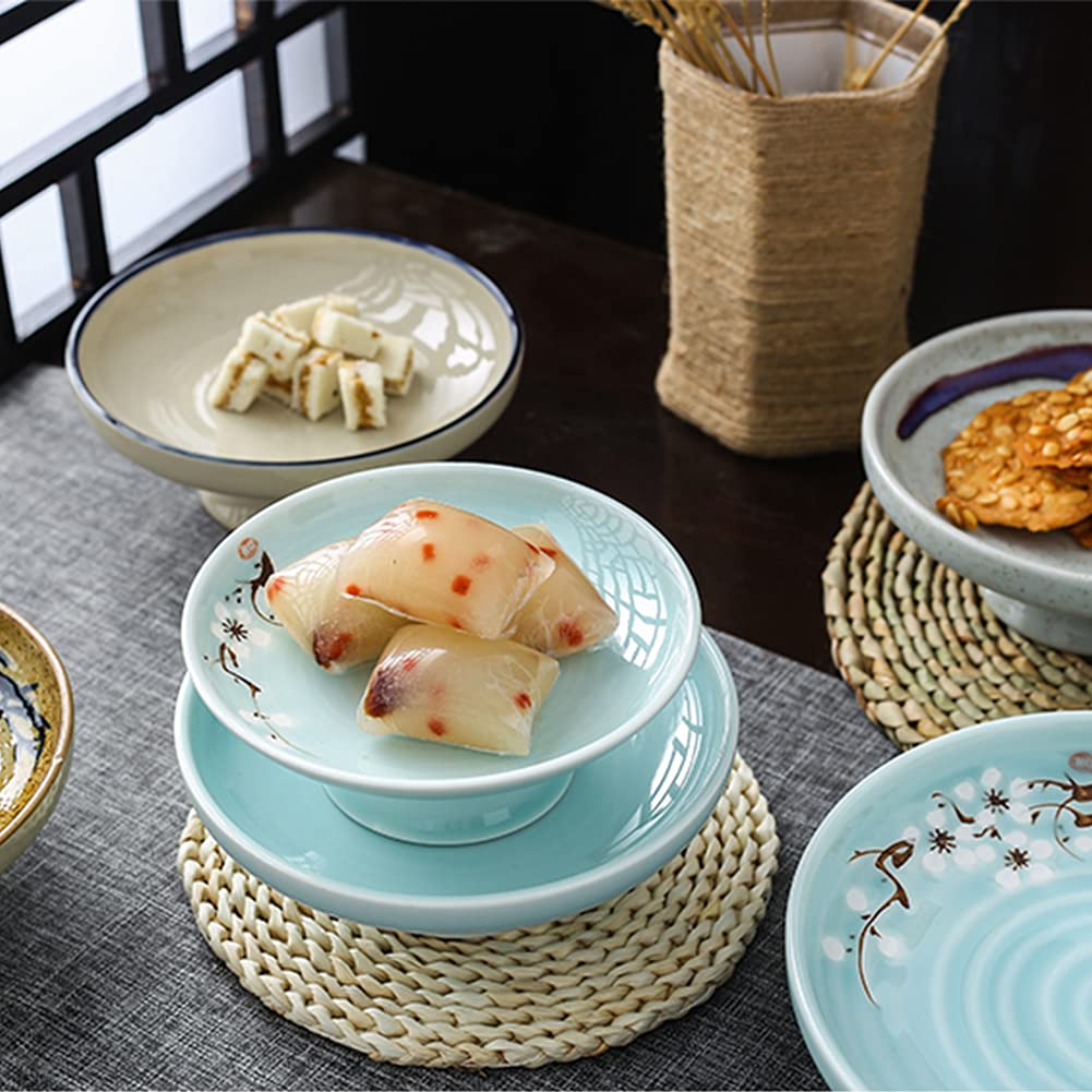 Kelendle Ceramic Footed Bowl Round Pedestal Bowl Decorative Fruit Bowl Serving Dish Dessert Display Tray Trifle Cups Snacks Nuts Plate for Kitchen Counter Centerpiece Table Decor Blue 10inch