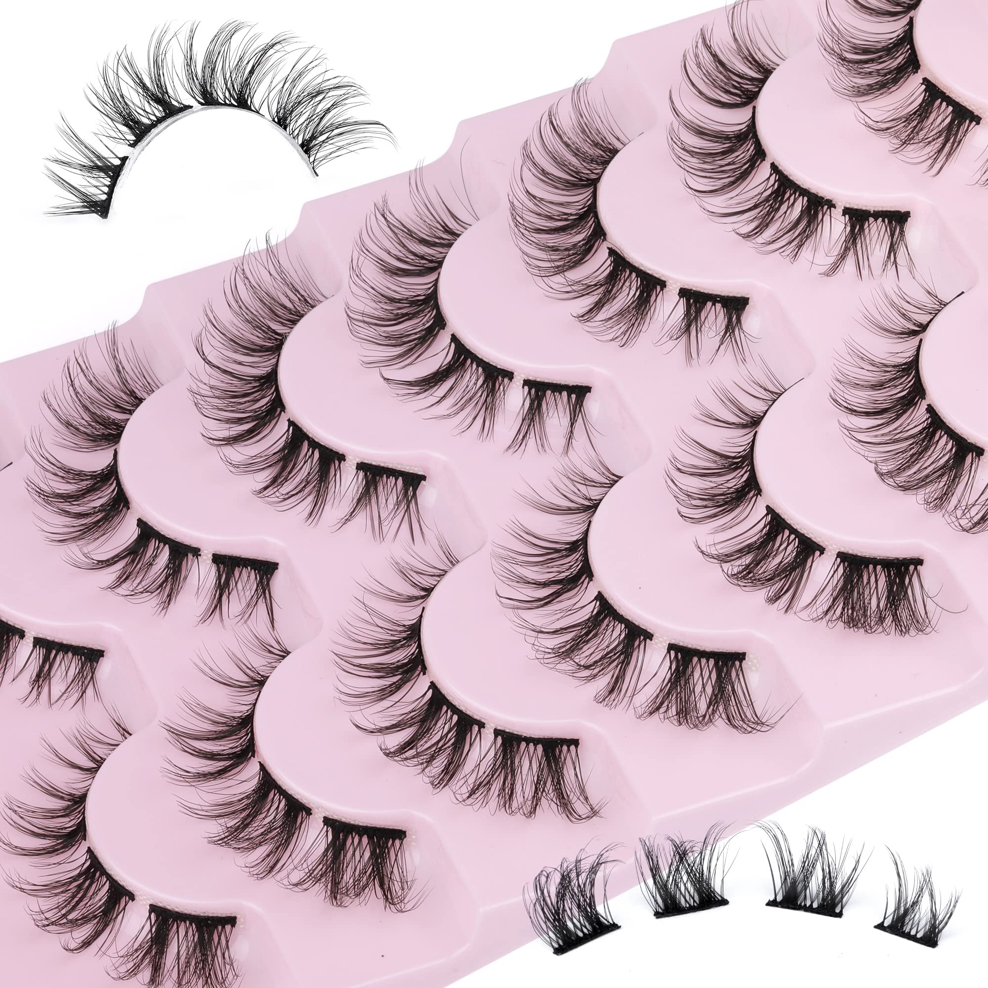 JIMIRE Cluster Lashes Extensions Natural Individuals Cat Eye Wispy False Eyelashes Soft DIY Lashes Natural Look Like Eyelash Extensions 15MM 5D Fluffy Lashes 7 Pairs Pack
