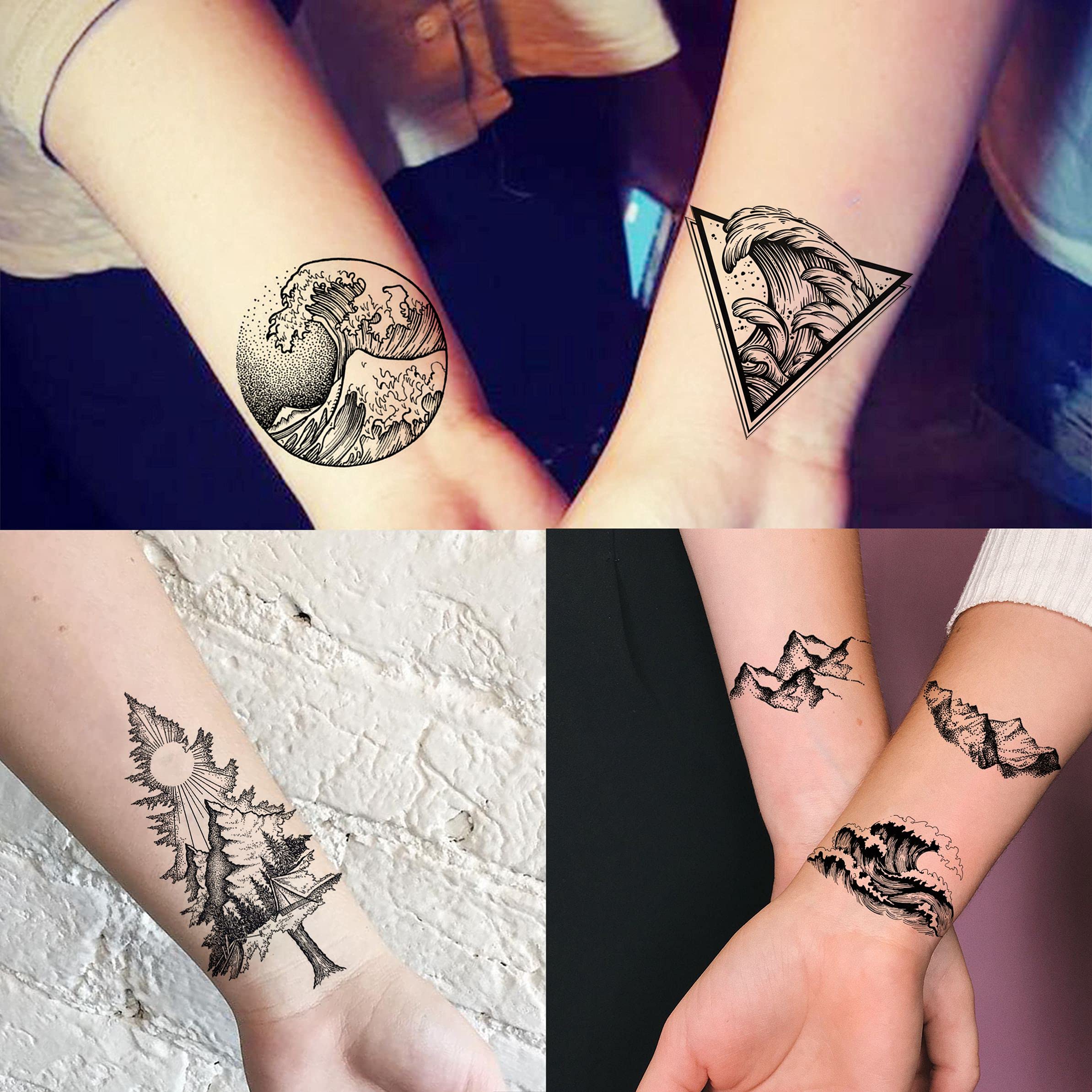 GOROMON 52 Sheets Small Black Mountain Temporary Tattoos For Men Women Adult, Geometric Sea Weave Forest Pine Tree Realistic Tattoo Sticker For Kids Children, Moon Sun Star Triangle Tatoos Outer Space