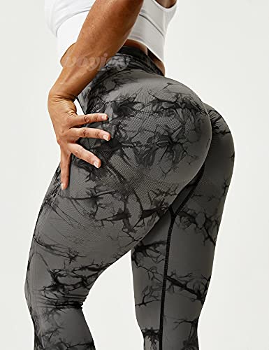 VOYJOY Tie Dye Seamless Leggings for Women High Waist Yoga Pants, Scrunch Butt Lifting Elastic Tights (#4 Black Gray, X-Large)