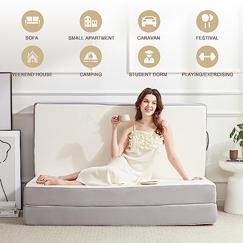 Lazyzizi Folding Mattress, 6 Inch Memory Foam Tri-fold Mattress with Breathable & Washable Bamboo Fiber Fabric Cover, Foldable Floor Mattress Guest Bed for Camping, Road Trip, Queen