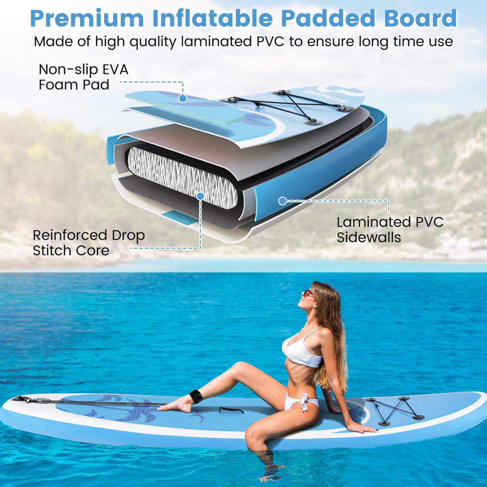 GYMAX Paddle Board, 9.8’/10’/11’ x 6” Inflatable Stand Up Paddle Board with SUP Accessories, Removable Fin, Paddle & Carry Bag, Blow Up Paddle Boards Standing Boat for Adults Youth (Navy, 11FT)