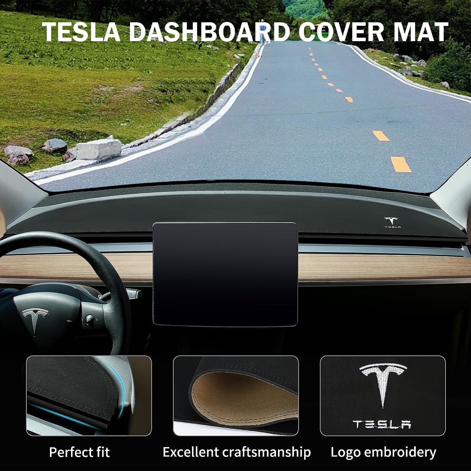 FocoMyLord Dashboard Cover for Tesla Model 3/Y, Alcantara Dashboard with Pad Dash Mat Compatible with Tesla Model Y Model 3 2017-2021 2022 2023 Dashboard Decorative Interior Auto Accessories
