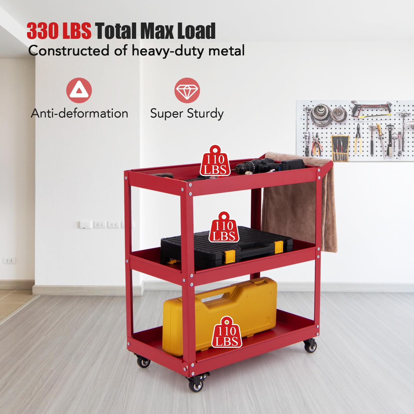 JIMUOO Utility Service Cart, Steel 3 Tier Rolling Tool Cart on Wheels, Commercial Push Carts with Handle, Metal Work Cart for Garage Mechanic Kitchen Office Warehouse Restaurant, 330 Lbs Capacity