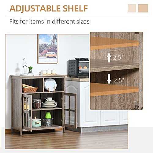 HOMCOM Accent Sideboard, Serving Storage Buffet Cabinet with 2 Open Components, Glass Door Coffee Bar Cabinet and Adjustable Shelf, Oak