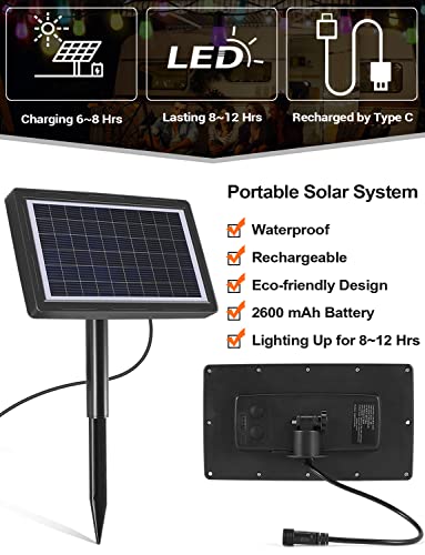 Jevindo Solar Outdoor String Lights, Portable 48ft IP65 Waterproof Patio RGB LED String Lights with 15 LED Bulbs Dimmable Multi-Color, Smart Bluetooth App Control, Balcony, Backyard, Camping, Travel
