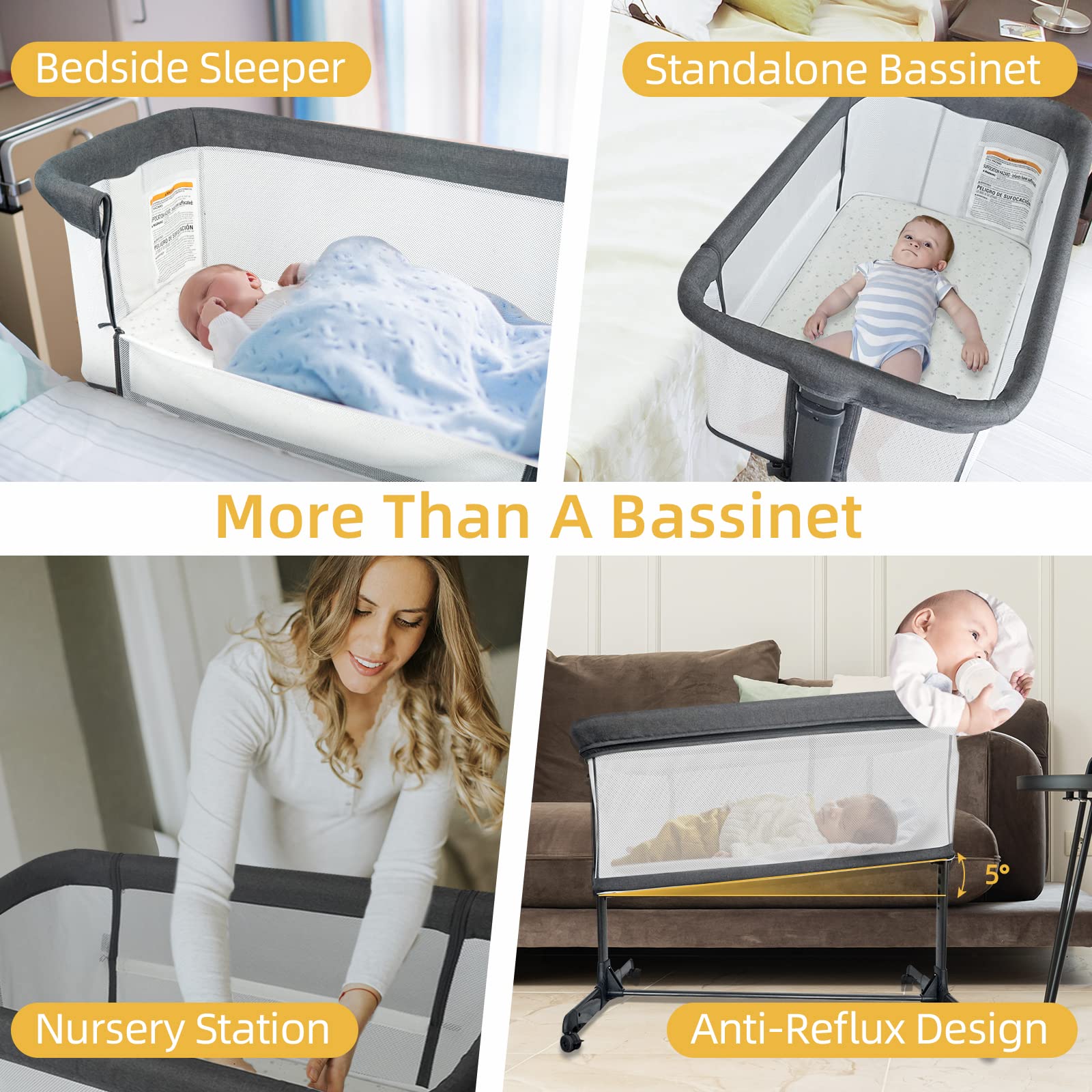 IKOMZY Baby Bassinets Bedside Sleeper, Bedside Bassinet for Baby, Adjustable Portable Bedside Crib for Newborn Babies, Airflow Mesh Walls (Charcoal)