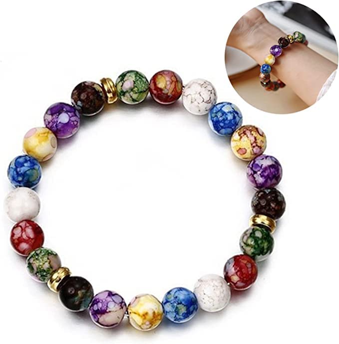 Healing Crystals Bracelet Handmade Natural Gemstones Beads Bracelet Elastic Natural Stone Yoga Beads Bracelet Bangle Gifts (Multicolor,Orange,Red)