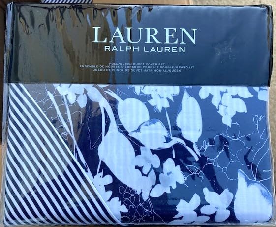 Lauren Ralph Lauren Navy Blue Floral Reese Full Queen 3 pc Duvet Cover Set Shams Grey White