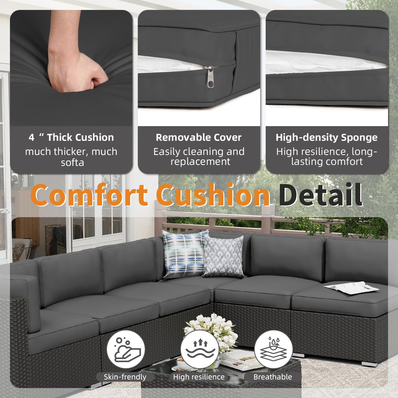 Oakcloud 8-Piece Outdoor Patio Furniture Sofa Set with 45β Propane Gas Fire Pit Table, Black Rattan Wicker Sectional Conversation Sets with Glass Top Table and Cushions(Grey, w/Fire Pit Table)