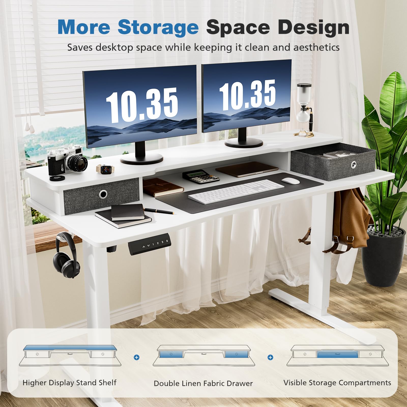 Electric Standing Desk with Double Drawer - 63 x 24 inch Adjustable Height Sit to Stand Up Desk with Storage Shelf, Rising Home Office Computer Table with Splice Board, 2 Hook and Wire Hole for Work