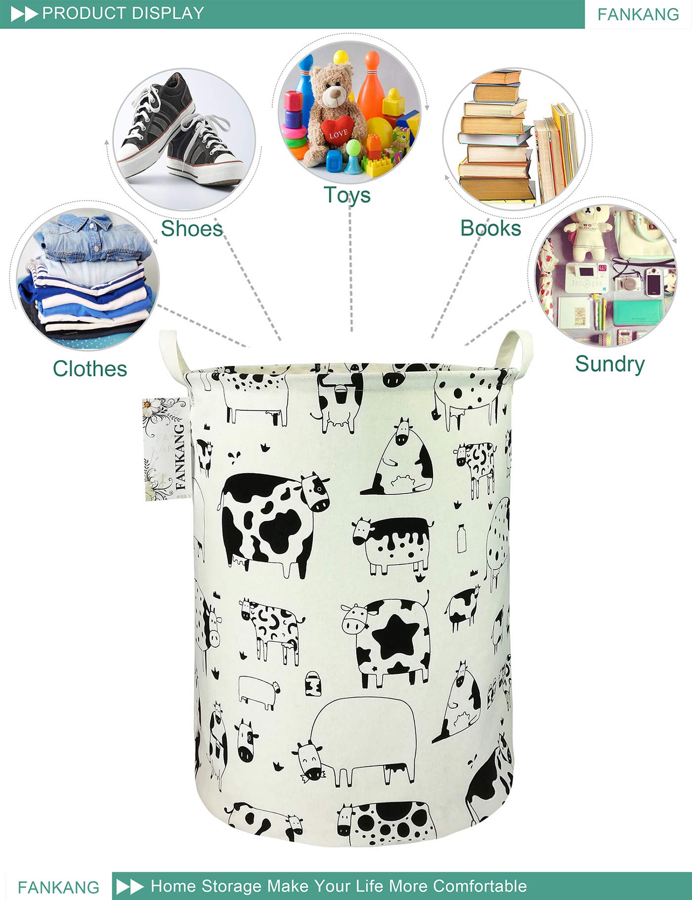 FANKANG Storage Basket, Nursery Hamper Canvas Laundry Basket Foldable with Waterproof PE Coating Large Storage Baskets for Kids Boys and Girls, Office, Bedroom, Clothes,Toys（Cows）