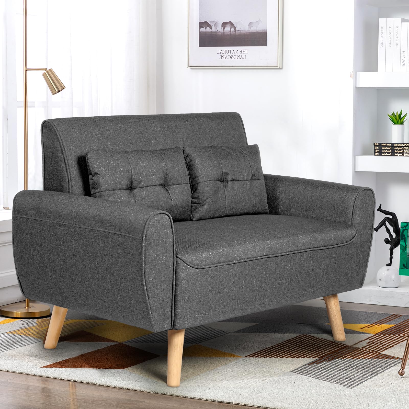 Oakmont 44" Small Modern Linen Fabric Loveseat Sofa, Comfortable and Stylish Love Seat with 2 Pillows and Thick Cushion, Durable Wood Leg Couch for Small Space, Living Room, Bedroom, Apartment (Grey)