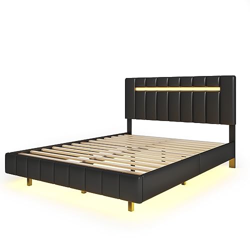 Queen Size Floating Bed Frame,with LED Atmosphere Lights & USB Charging,Modern Upholstered PU Platform LED Bed Frame,Adjustable Headboard Smart Thick Bed, Noiseless No Box Spring Needed (Black)