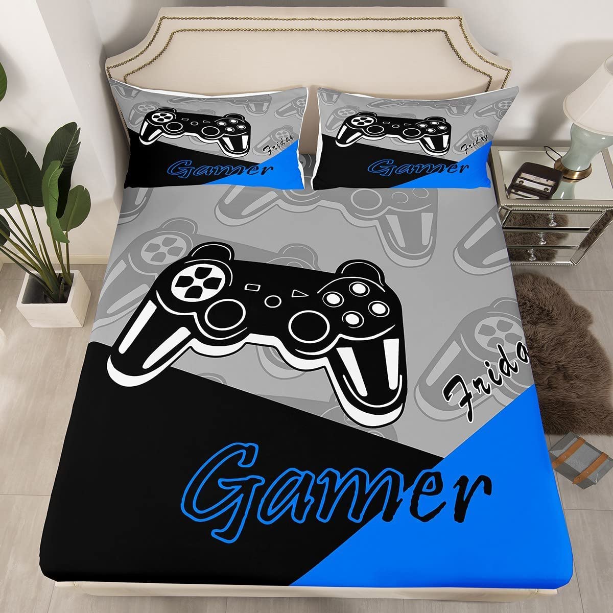 Feelyou Kids Gamer Bed Sheets Set Boys and Girls Gaming Bedding Set Video Game Controller Fitted Sheets 4Pcs Sheets Includes 1 Sheet & 1 Flat Sheet with 2 Pillowcases Blue Black (King)