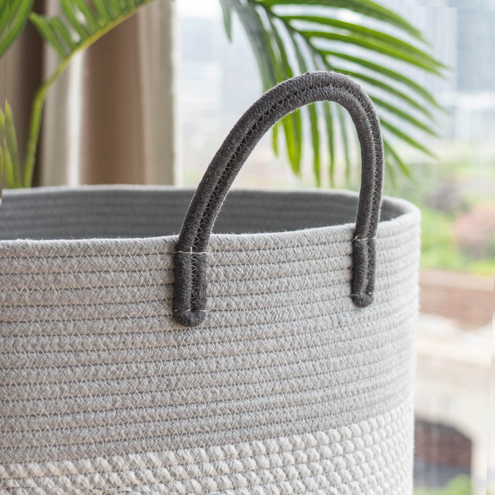 HiChen XXL Large Woven Rope Storage Basket with Handles, Grey, 21.7 x 13.8 in