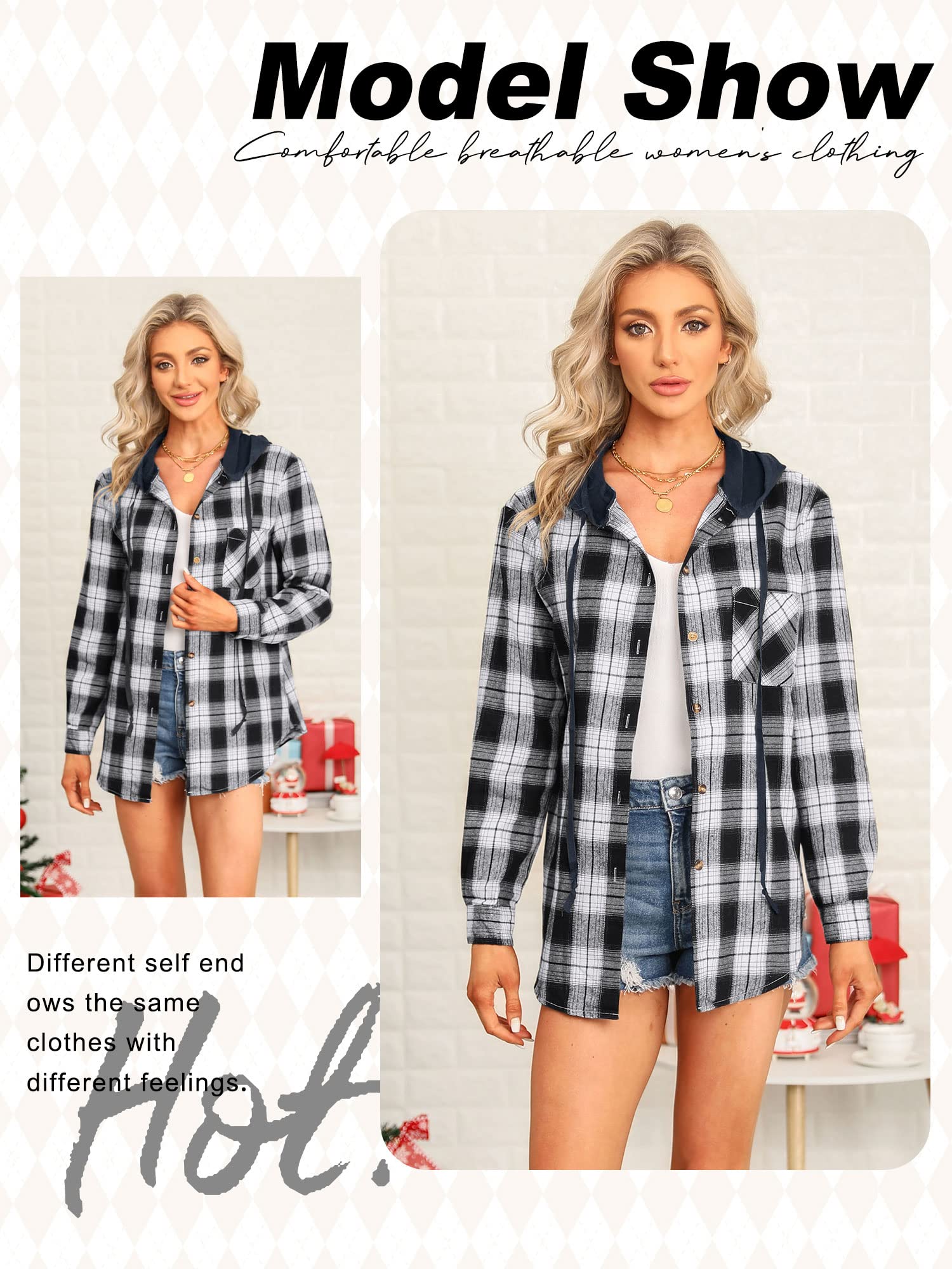 Ezcosplay Women Shacket Flannel Plaid Tops Long Sleeve Plaid Blouse Hood Button Down Casual Shirt Coat