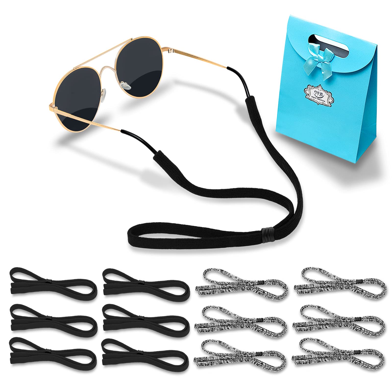 HALF CRESCEN Glasses Strap (Pack of 12 Black) Sports Adjustable Sunglass Strap Eyeglass Holder Strap for Men Women