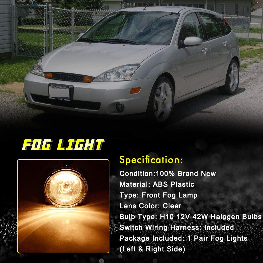Fog Lights for 2000-2005 Ford Focus 2005-2006 Ford Escape 2003-2004 Ford Mustang (Cobra Model Only) 2000 Lincoln LS Clear Lens Fog Lamps with H10 12V 42W Halogen Bulbs