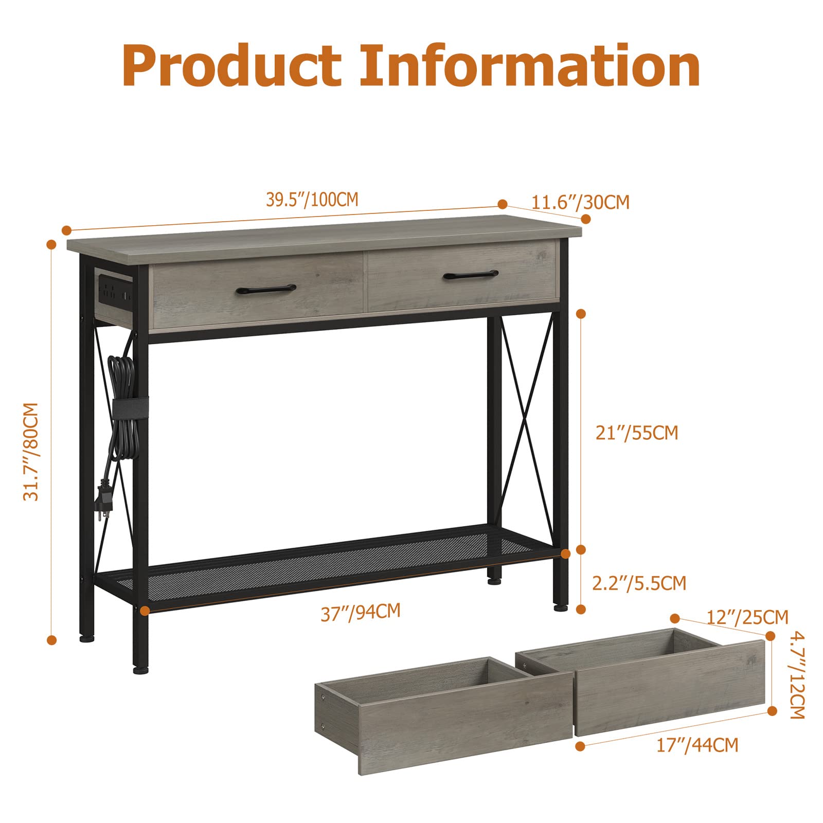 Entryway Table with 2 Drawers for Storage, 39.3''Console Table with Charging Station, Industrial Grey Sofa Table with Storage Shelves for Living Room, Couch, Hallway, Foyer, Entryway, Kitchen-2 Tier
