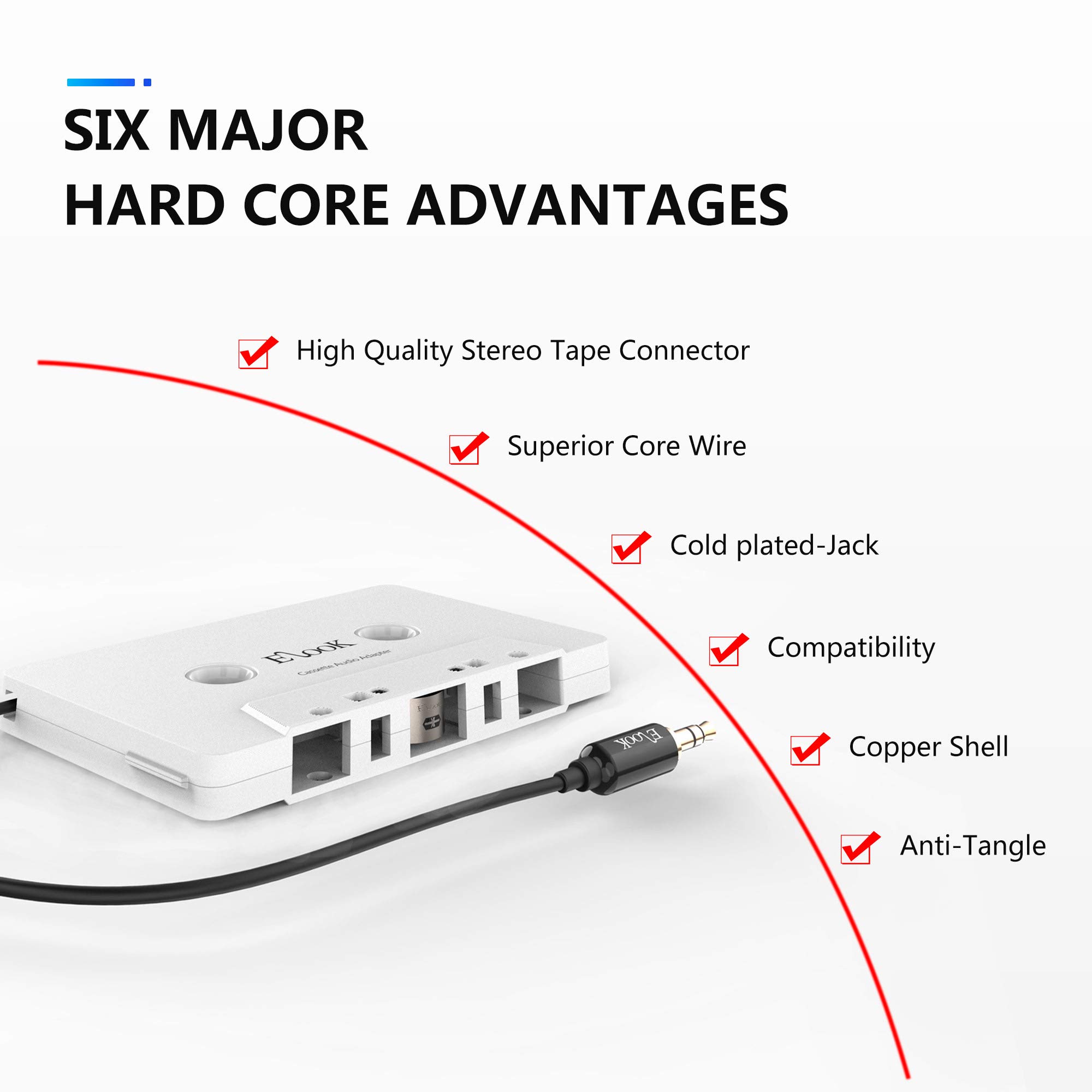 Elook Car Cassette Aux Adapter, 3.5mm Universal Audio Cable Tape Adapter for Car, Phone, MP3 ect. White