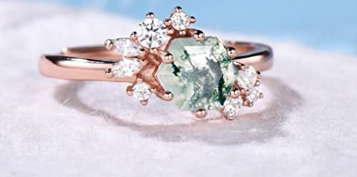 Hexagon cut moss agate ring vintage green moss agate engagement ring rose gold unique cluster engagement ring diamond wedding ring for women (WHITE GOLD, 6)