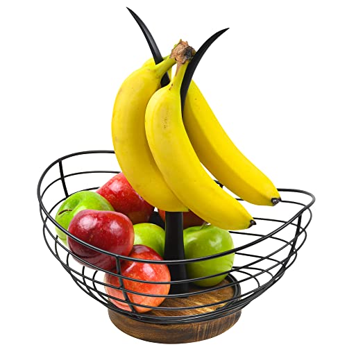 Modern Farmhouse Fruit Basket with Banana Holder for Kitchen Counter, Vintage Wire and Wooden Base Fruit Bowl & Banana Hanger for Kitchen Countertop Decor, Banana Tree & Fruit Stand