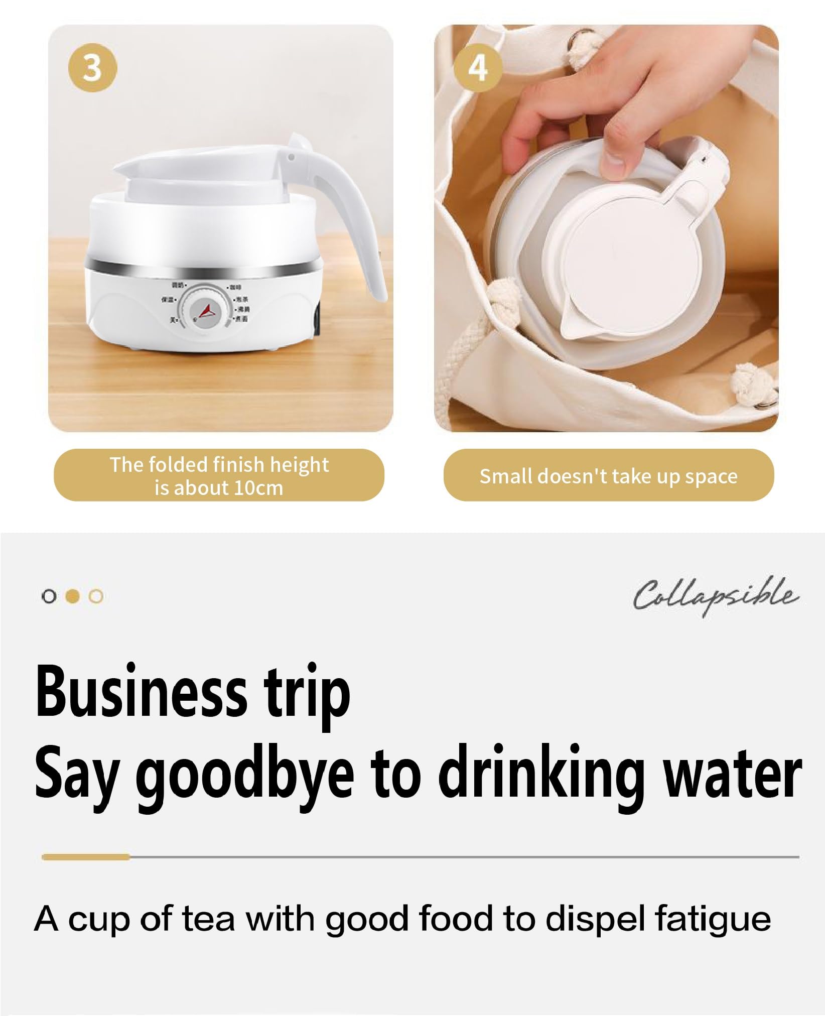 Electric Kettle,Collapsible Food Grade Silicone Small Portable Kettle,Temperature Adjustable,Travel Foldable Kettle,Boiling water for Tea Coffee,Boil Dry Protection (600ml,110V,600W,US Plug) (White)