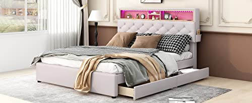 Queen Size Upholstered Platform Bed Frame for Boys Girls Kids Toddler with Storage Headboard, LED, USB Charging and 2 Drawers, Beige