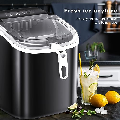 R.W.FLAME Ice Makers Countertop,Ice Maker 6 Minutes 9 Ice Cubes 24 Hours 26 lbs Self-Cleaning Portable Ice Maker with Handle and Ice Scoop, Ice Maker for Home/Office/RV/Party(Black)