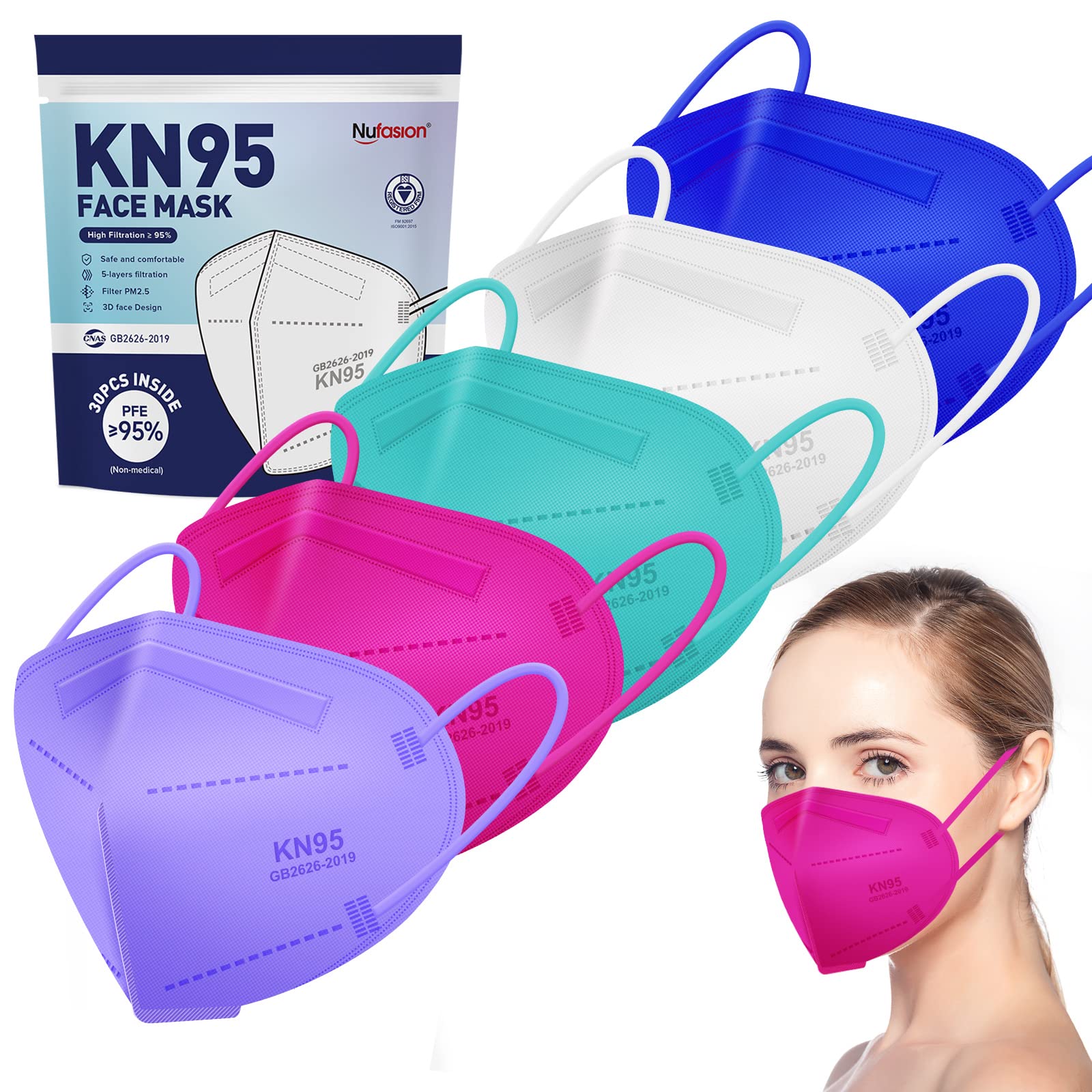 KN95 Face Masks for Adults - 30pcs Colored KN95 Masks Cup Safety Breathable 5 Ply Filtration Rate ≥95% Comfortable Wide Elastic Ear Loop Disposable KN95 Mask Colorful for Daily, Travel Protection