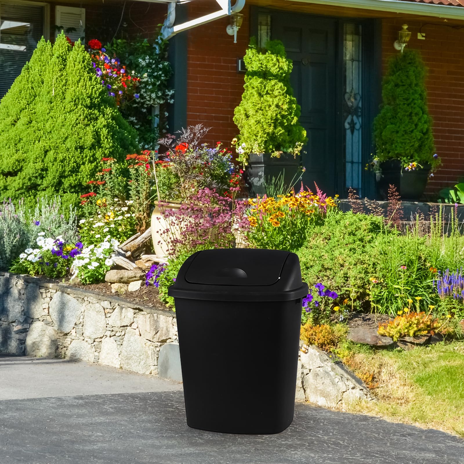 Obstnny 10 Gallon Plastic Swing Top Garbage Can Set of 4, Large Trash Can for Kitchen, Garden, Campus, Black