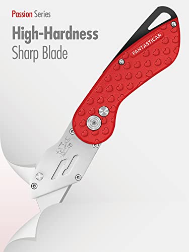 FantastiCAR Folding Utility Knife Cute Box Cutter, Chic Hearts Pattern on Metal Body, with 5 Extra Blades (Red)