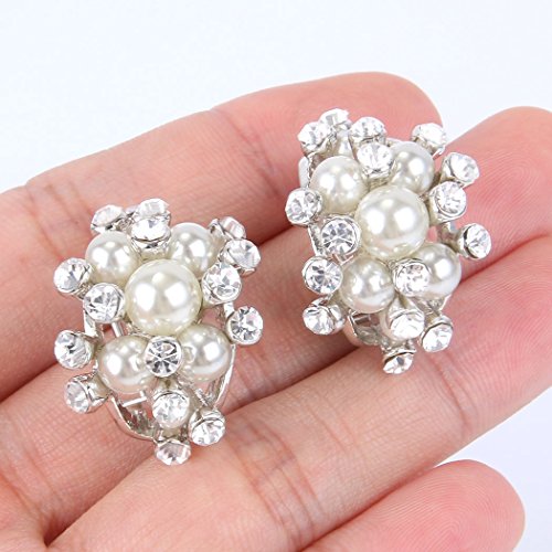 EVER FAITH Austrian Crystal White Simulated Pearl Bridal Cluster Pierced Stud Earrings Clear Silver-Tone