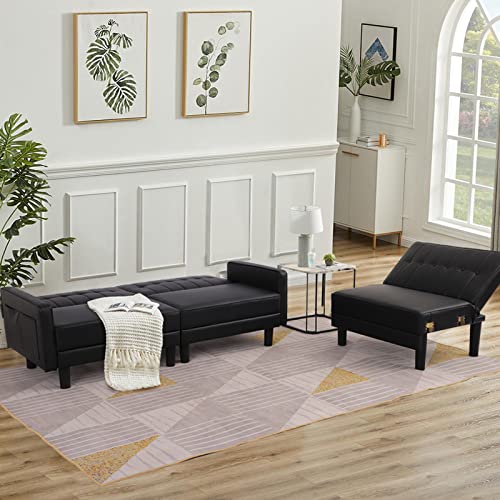 VUYUYU 107/'' Futon Sofa Couch Bed, Faux Leather 3-Seater Couches for Living Room, Mid-Century Modern Tufted Convertible Recliner Sleeper Small Space with Armrest/Side Pockets, Black-3 Seater