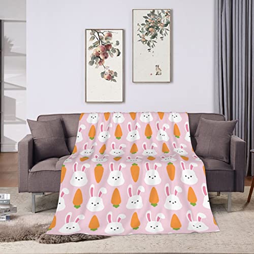 Rabbit and Carrot Throw Blanket Soft Warm Cozy Lightweight Blankets Cute Easter Bunny Flannel Blanket for Sofa Couch Bed Office Holiday Decorative 50"X40"