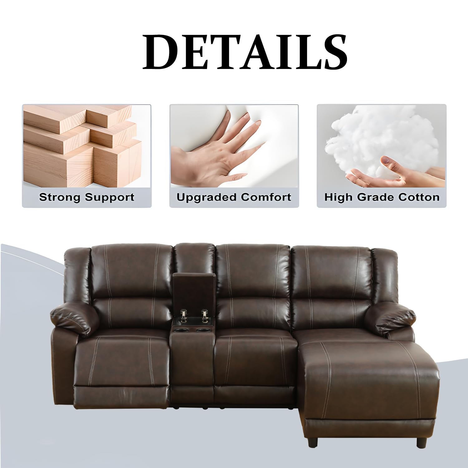 Plithzy Manual Recliner Sofa Couch with Chaise, Breathing Leather Reclining Sectional Sofa, Recliner Couch with Storage Console&Cup Holder for Living Room Apartment (121" Leather Sofa, Brown)