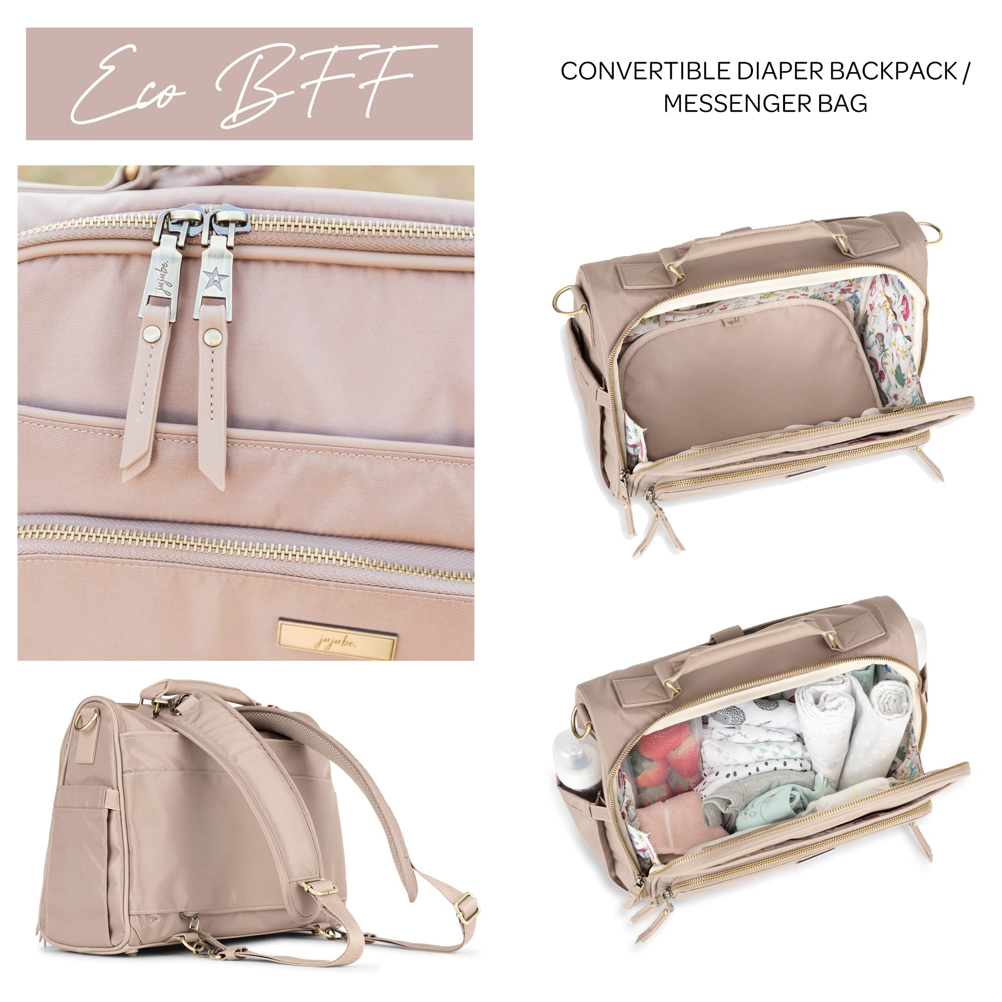 JuJuBe | Eco BFF Baby Diaper Bag Backpack - Convertible Messenger Bag Travel Backpack for Women - Made from Recycled Materials | Truffle