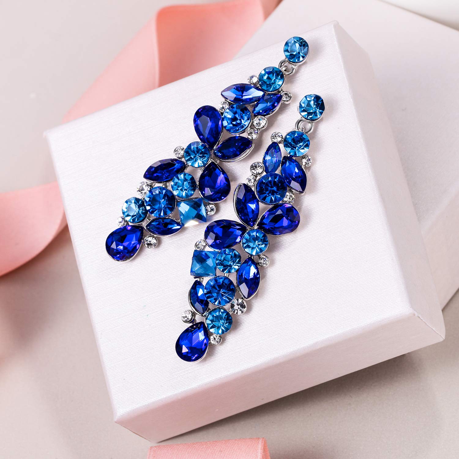 EVER FAITH Rhinestone Crystal Bridal Tear Drop Marquise Flower Cluster Dangle Earrings Blue Silver-Tone