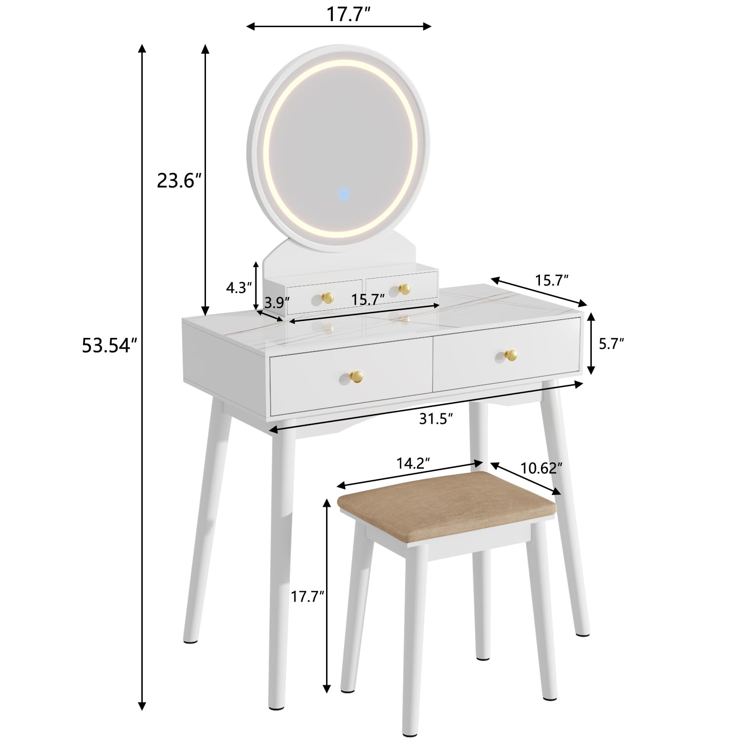 JUMMICO Makeup Vanity Desk with Round Mirror and Lights, Vanity Table Makeup Desk 4 Storage Drawers 3 Adjustable Colors LED Lights Matched Soft Cushioned Stool for Girls Bedroom (White) β¦