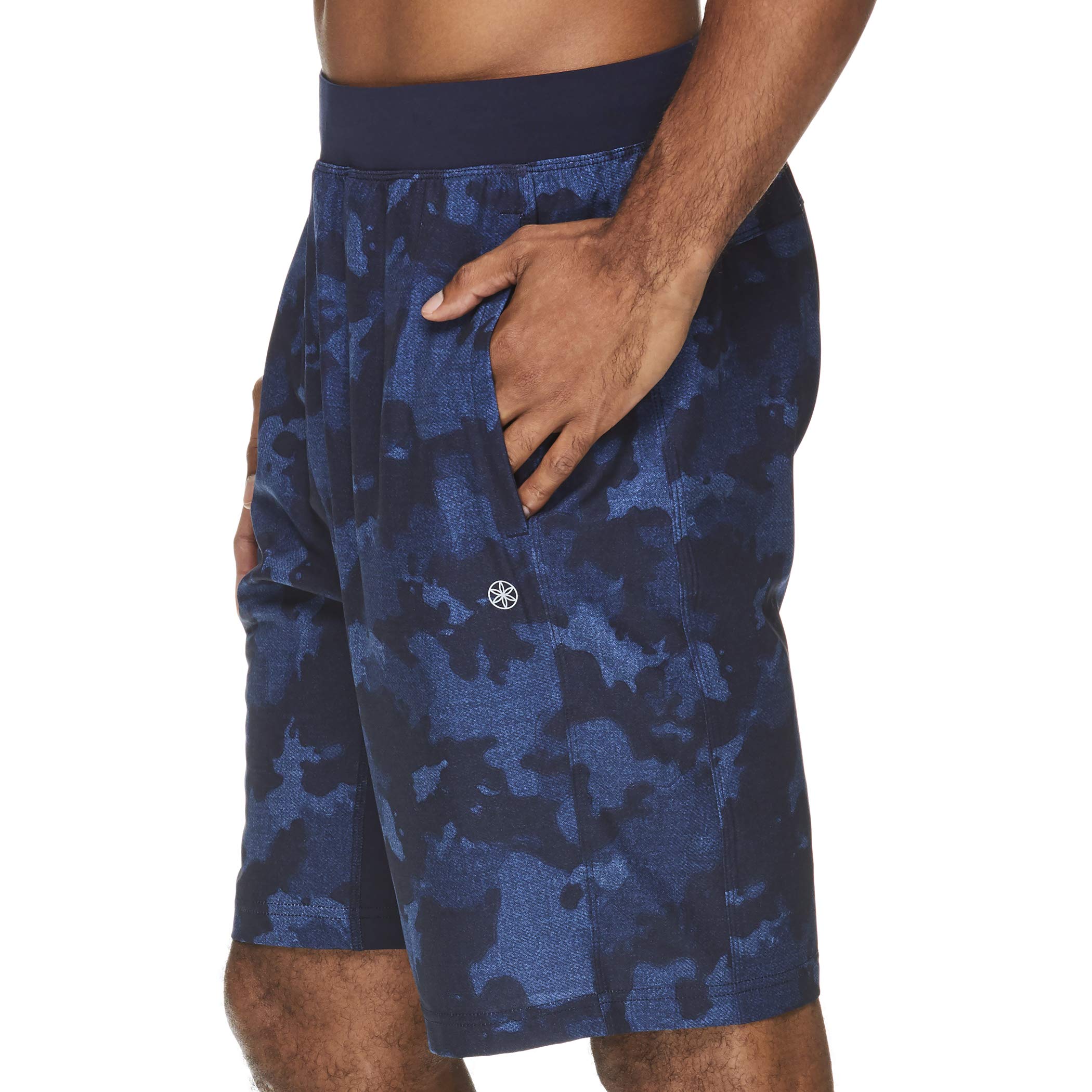 Gaiam Men's Yoga Shorts - Performance Heather Gym & Workout Short w/Pockets - Strength Camo Navy, Large
