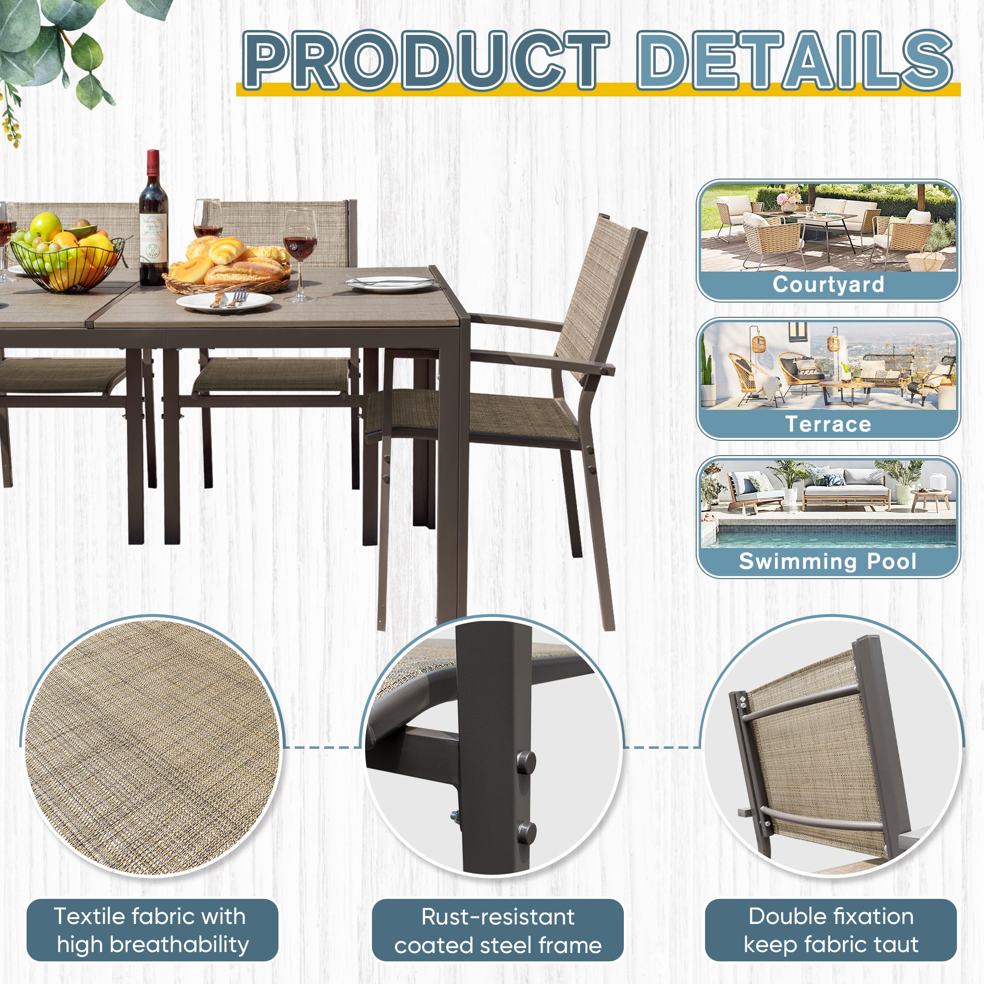 JUMMICO Outdoor Dining Set 7 Piece Patio Furniture Set with Weather Resistant Table and 6 Textilene Chairs for Yard, Deck and Poolside (Brown)