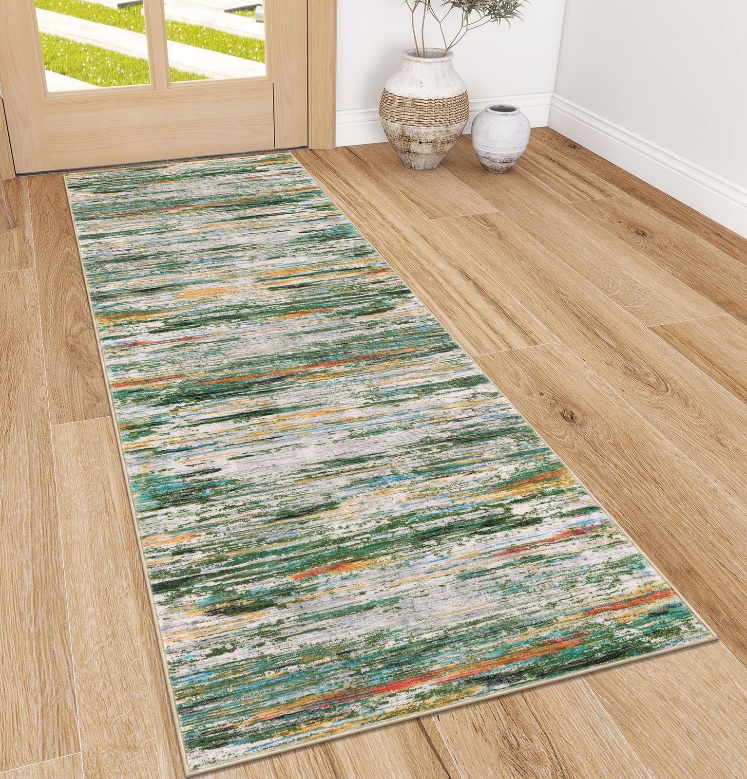 Siiloom 2x6 Green Multi Modern Abstract Runner Rug for Hallways, Super Soft Hallway Decor Kitchen Rugs with Non-Slip, Non-Shedding Washable Rug for Hallways Entryway Bedroom Bathroom Laundry Indoor