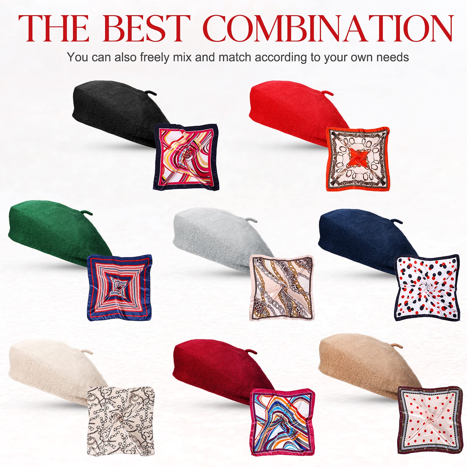 Laumoi 16 Pieces Wool Beret Hat French Style Artist Beanie Beret with Silky Scarf Set for Women, One Size
