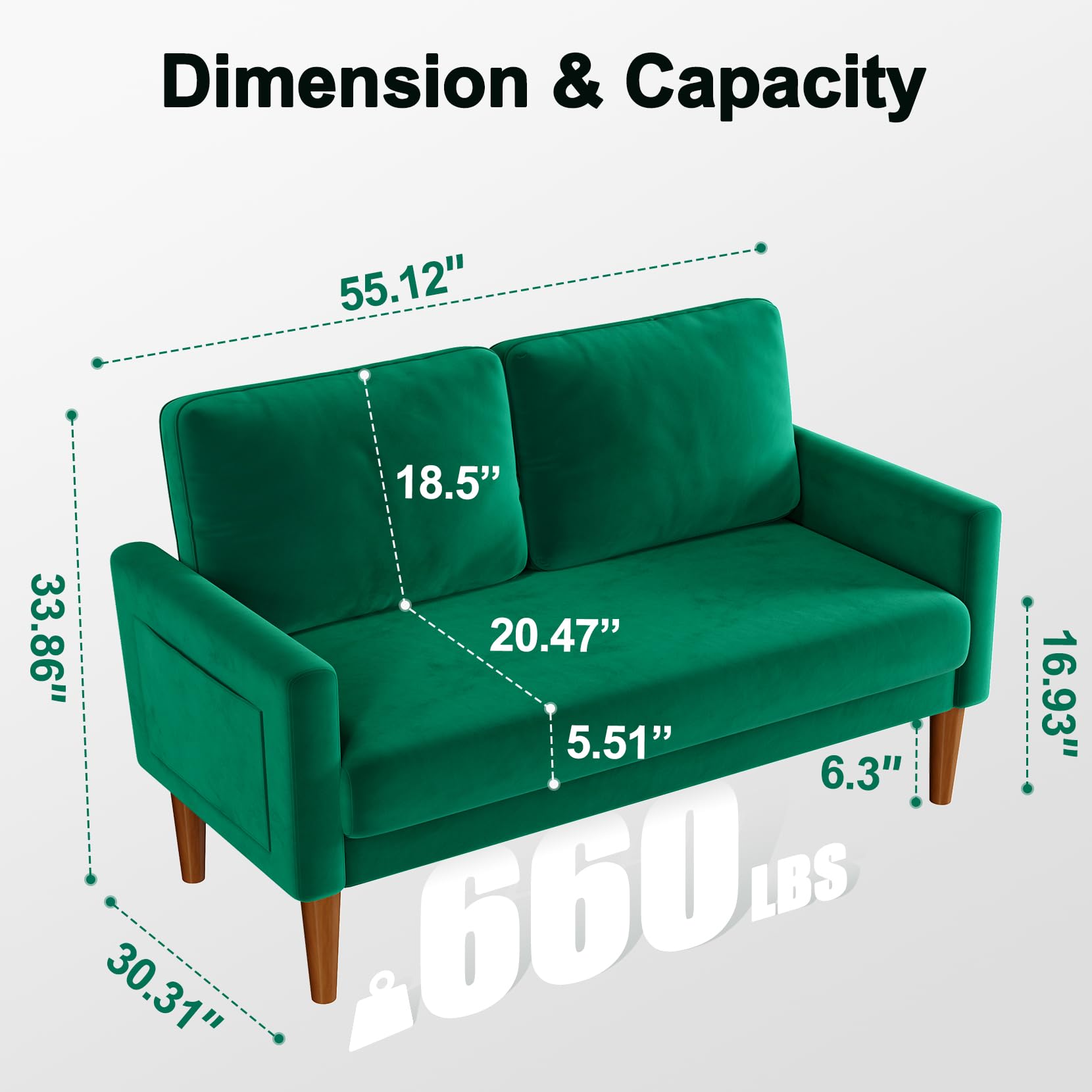 Loveseat Small Sofa, 55" Couch Mid Century Modern Velvet Couch for Small Spaces, Bedroom and Living Room, Easy to Install, Grey