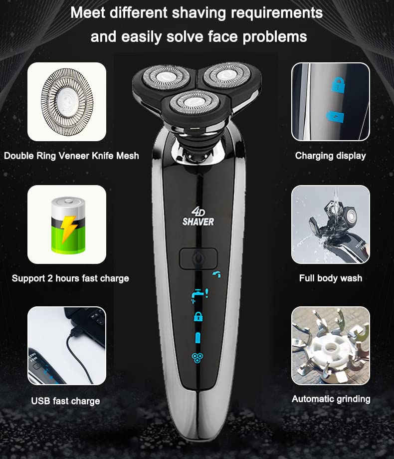 Electric Razor for Men, Wet Dry IPX7 Waterproof, 4 in 1 Rotary Shavers Beard Nose Mustache Trimmer Face Cleaning Brush