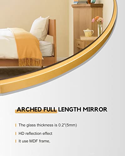 ZMYCZ Full Length Mirror, 65"x22" Floor Mirror with Stand Hanging or Leaning, Arched Freestanding Mirror, Large Wall Mounted Mirror with Thin Wood Frame, Dressing Body Mirror for Bedroom (Gold)