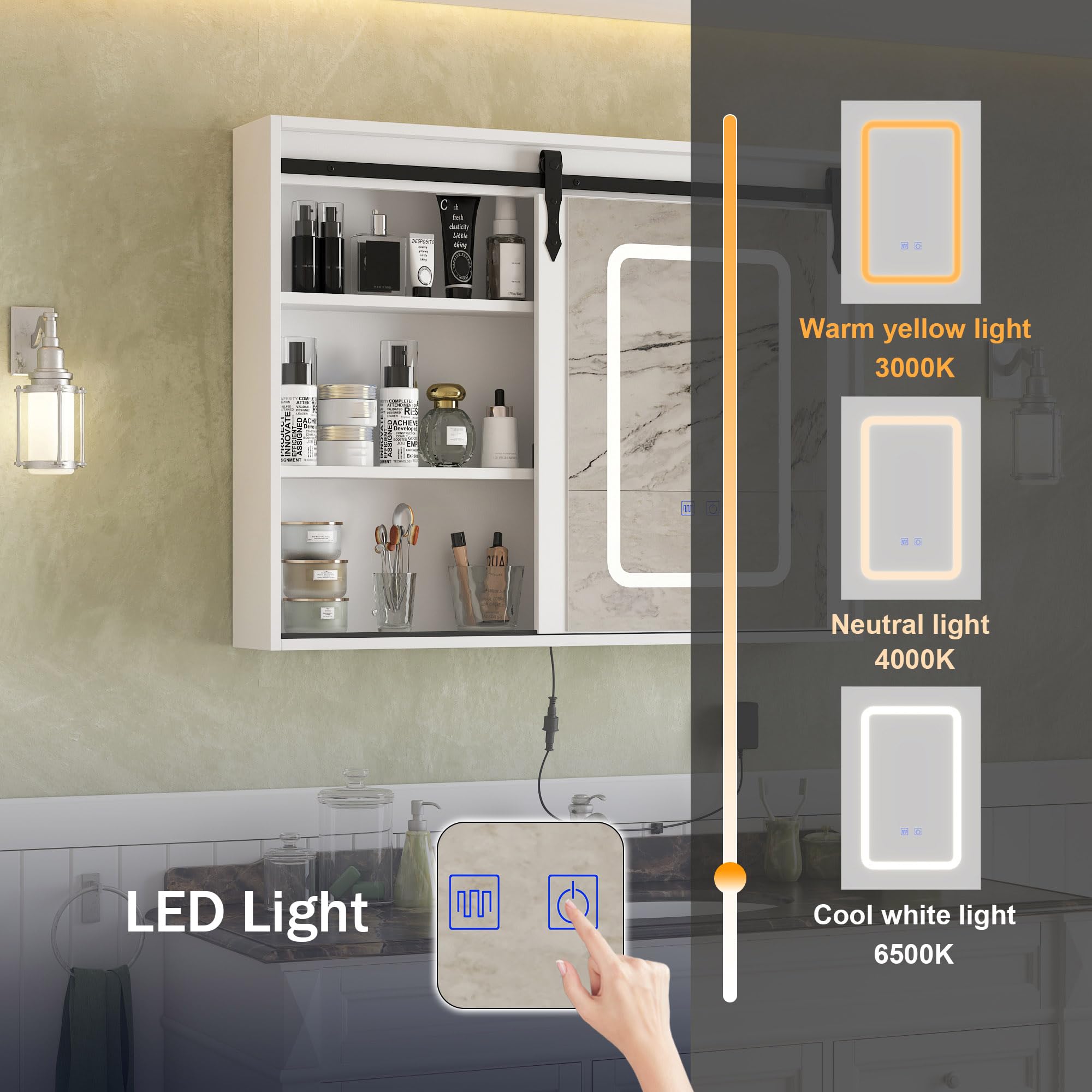 Lovinouse Medicine Cabinet for Bathroom with Mirror Sliding Door & LED Lights, Large Rectangle Wall Mounted Storage Cabinet w/Glass Doors, Shelves & Anti-Fog Function, 35.4 X 27.6 Inch, White